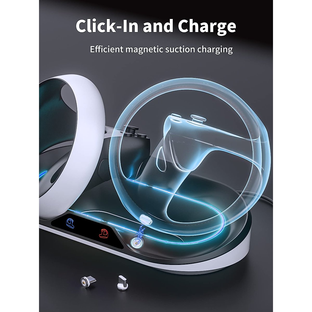 MOJOXR Magnetic Charging Station for PS VR2 Sense Controllers and Lens Cover for PSVR2 Headset, Charging Dock with Lamp Circle and Indicators, Fast Charging Accessories Kit for PlayStation VR2