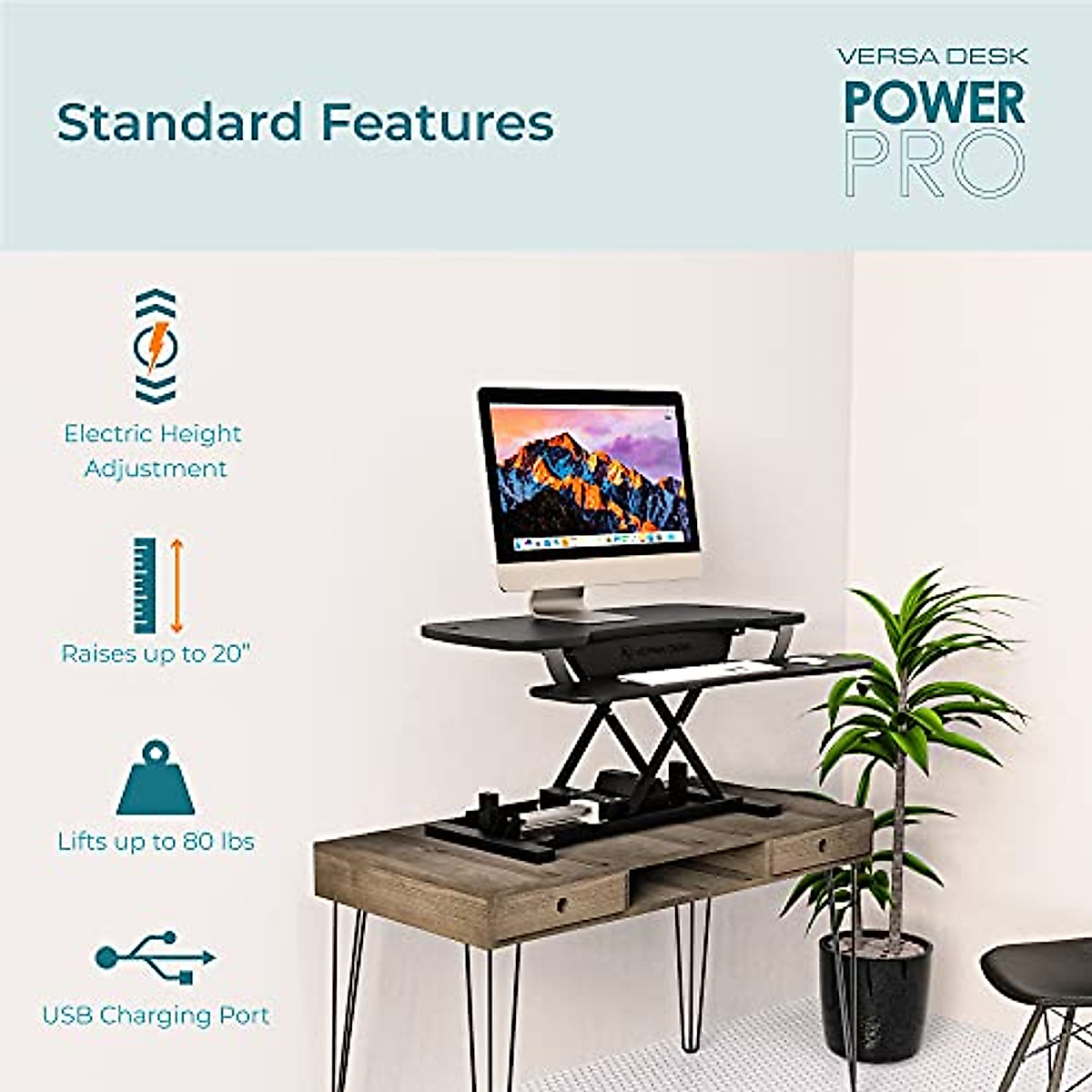 Power Pro Electric Height-Adjustable Desk Riser by VersaTables | USA Manufactured | Standing Desk Converter | Sit to Stand Desktop with Keyboard + Mouse Tray | 36"x 24" | Black