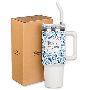Christian Art Gifts Extra Large Double Wall Stainless Steel Insulated Travel Tumbler for Women: Trust in the Lord Uplifting Scripture, Twist Dial Lid, Reusable Straw & Tip, White & Blue Floral, 40 oz