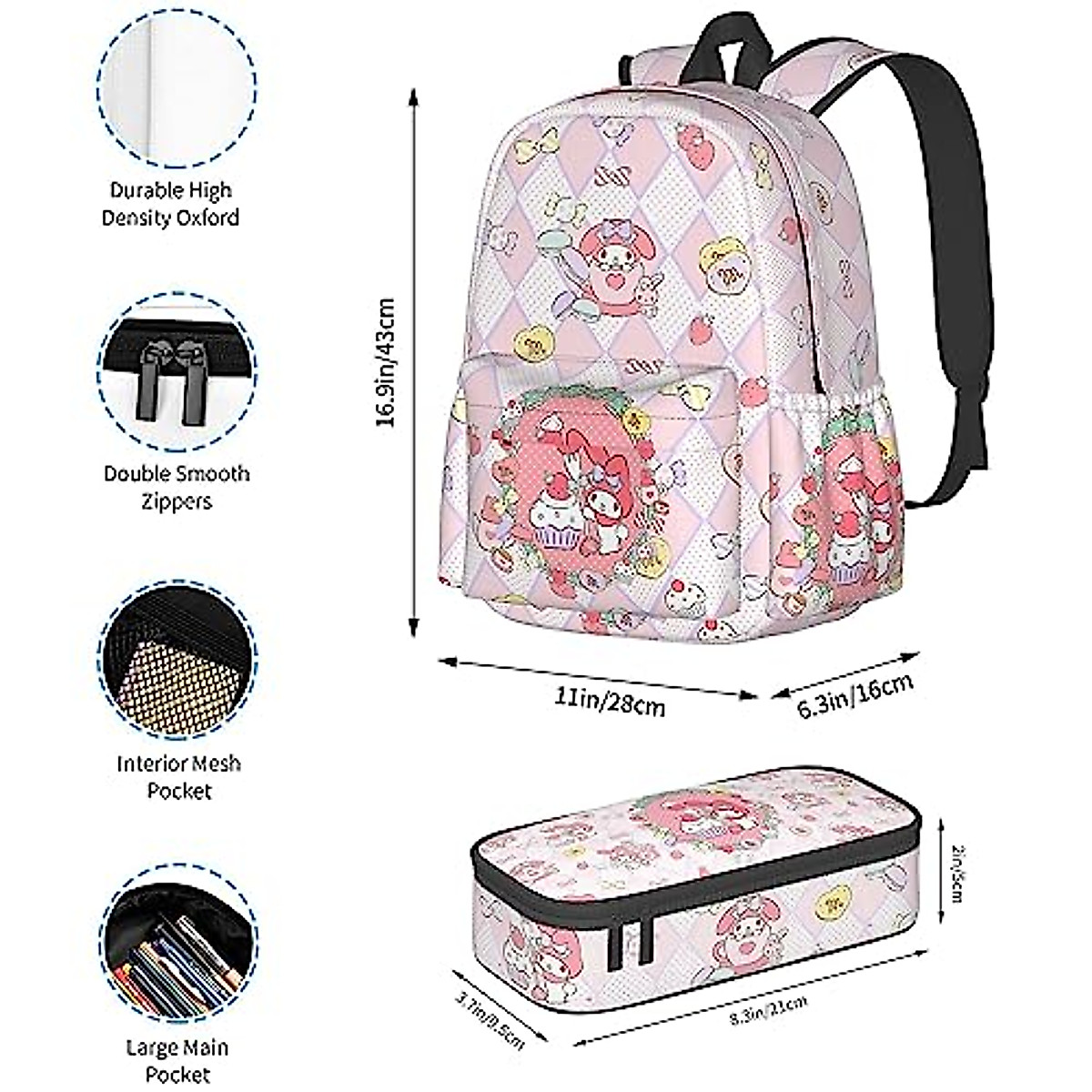 SYSGIE Anime Rabbit Backpack With Pencil Case Set Large Capacity Pink Cute Backpacks Work Travel Picnic Bag Gifts