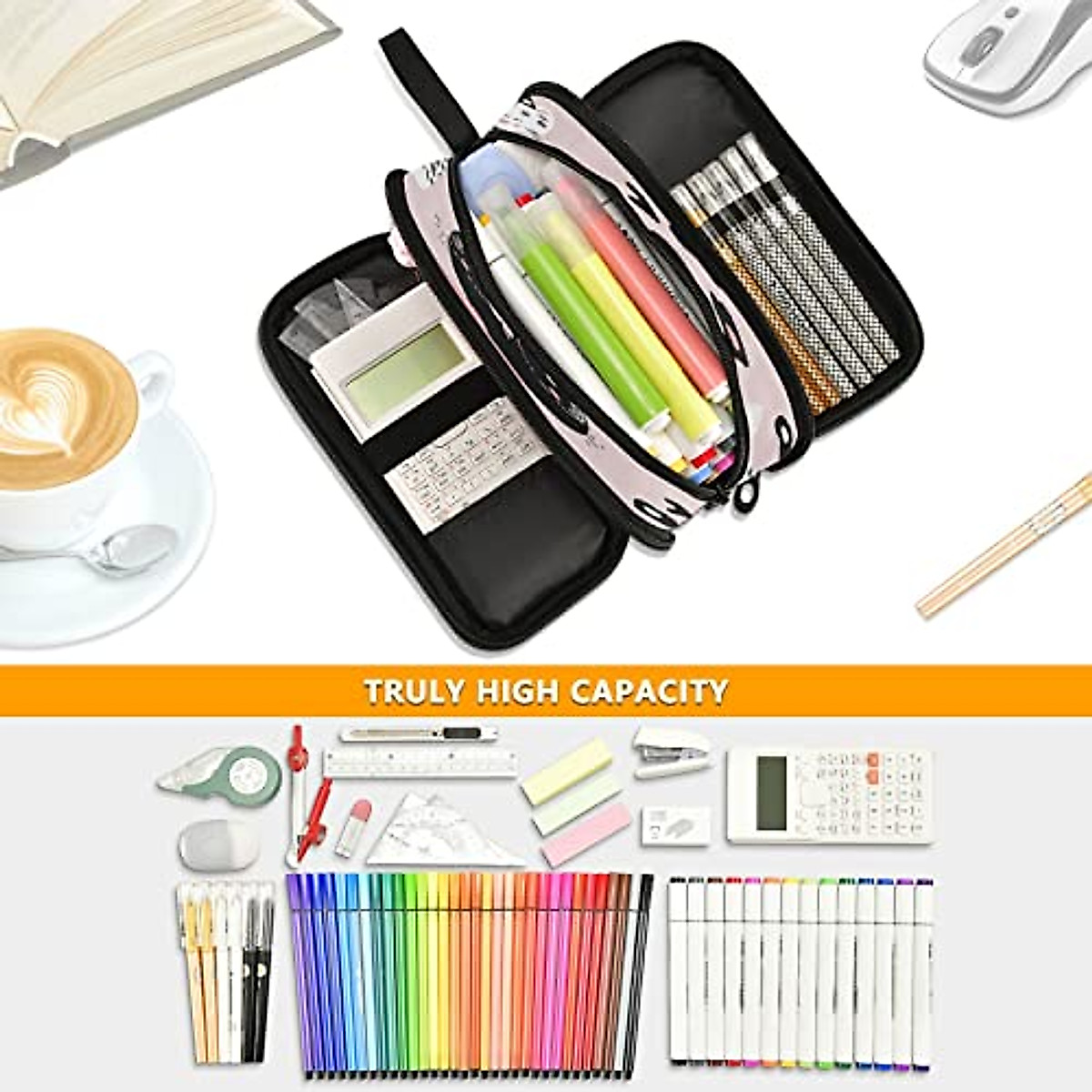 Pencil Case Large Big Capacity Cartoon Cat Kitten Pink Pencil Bag for Girls Boys Zippers Pen Bag Holder Pouch Box Makeup Bag 3 Compartment Portable Stationery Storage for College Students School