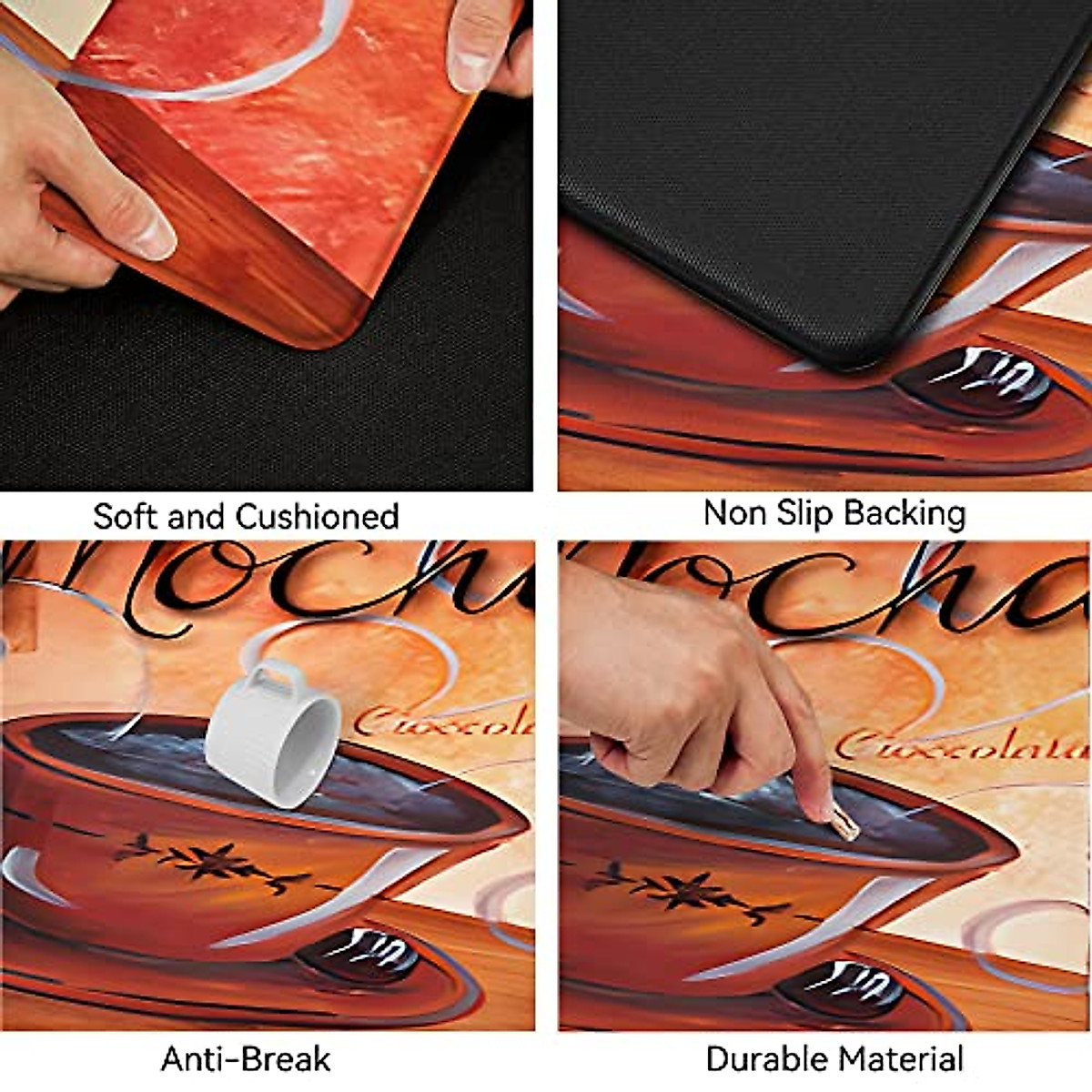 Coffee Kitchen Rugs Anti Fatigue Kitchen Rug Red Mocha Cup Decoration Cushioned Kitchen Mats for Floor Waterproof Non Skid Washable Standing Kitchen Mat, Set of 2,17.3 x 28+17.3 x 47 Inches, PVC