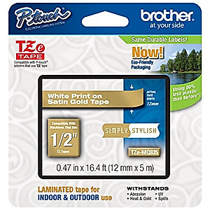 Genuine Brother 1/2" (12mm) White on Satin Gold TZe P-Touch Tape for Brother PT-D210, PTD210 Label Maker
