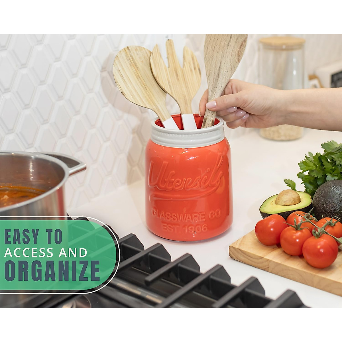 Comfify Wide Mouth Mason Jar Utensil Holder Decorative Kitchenware Organizer Crock, Chip Resistant Ceramic, Dishwasher Safe - Kitchen Caddy, Large Size 7" High - Coral