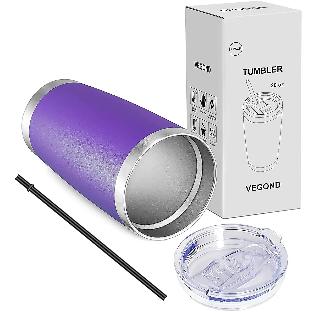 VEGOND 20oz Tumbler with Lid and Straw Stainless Steel Tumbler Cup Vacuum Insulated Double Wall Travel Coffee Mug Powder Coated Coffee Cup(Purple 1 Pack)