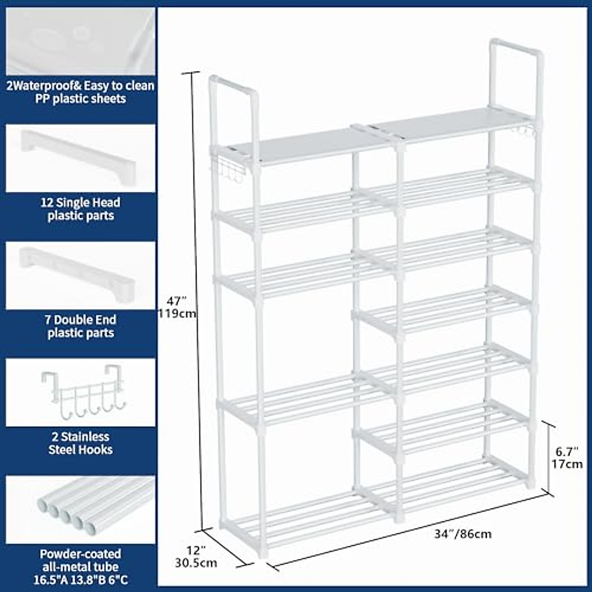 Mavivegue Metal Shoe Rack Organizer, 7 Tiers Tall Shoe Shelf Storage, Vertical Large Boot Rack, Stackable Shoe Racks for Entryway, Closet, Garage, Bedroom, Cloakroom -White