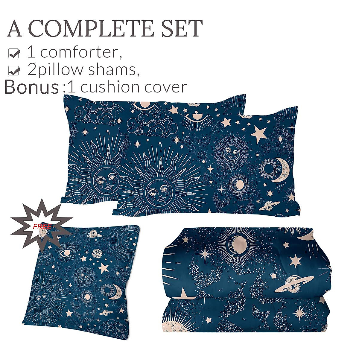 Sleepwish Celestial Comforter Set Sun Moon and Star Bedding Set Full Size 4 Piece Boho Blue Space Galaxy Comforter for Kids Boy Girls