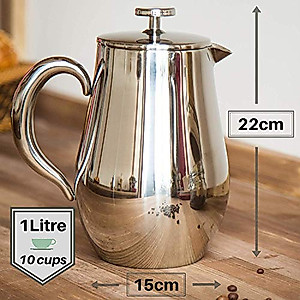 Cafetiere French Press Coffee Maker by VeoHome -Stainless steel Unbreakable and keeps coffee hotter for a long time thanks to its double wall (1 Liter)