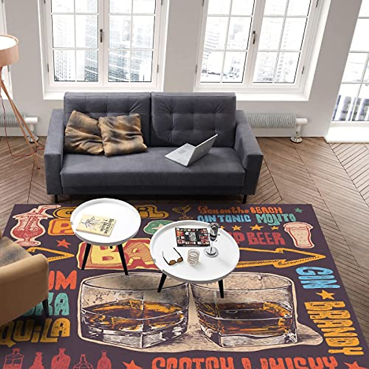 Wine Bottle Wine Glass Area Rug 6'x8' for Living Room Bedroom, Bar Party Graffiti Soft Washable Carpet, Indoor Decorative Rug with Non-Slip Backing