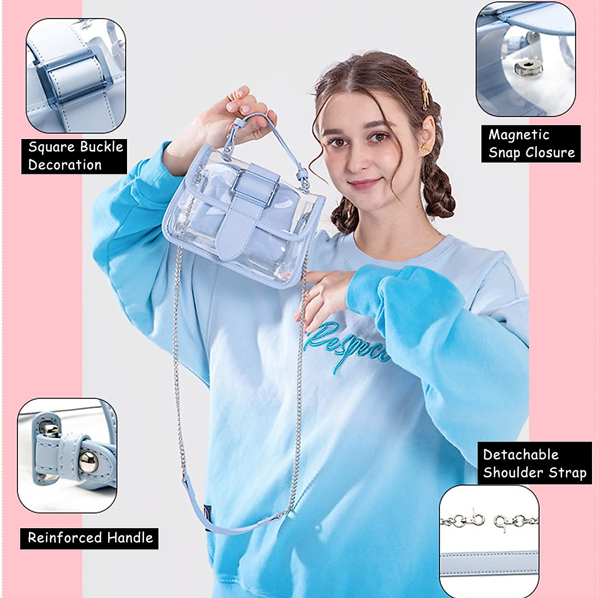 Women Clear Handbag Purse 2 in 1 Chain Shoulder Crossbody Bag Top-handle PVC Transparent Tote Satchel Tote Bag, Green