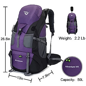 RuRu monkey 50L Hiking Backpack, Camping Backpack for Outdoor Traveling Women Men (Purple)
