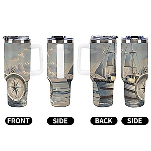 LLUTSNTH 40 Oz Vacuum Tumbler with White Handle Leakproof Insulated Tumbler Ship And Compass Stainless Steel Travel Mug with Lid And Straw Coffee Cup Cute Water Bottles Cup Holder Friendly