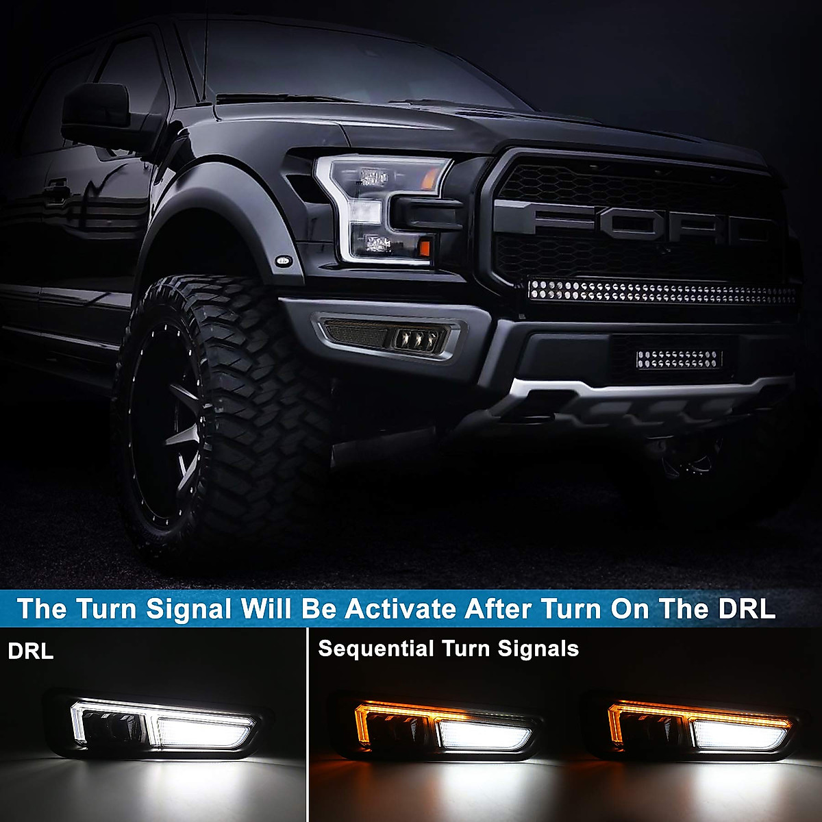 CJOVSE Ford Raptor Fog Lights, Amber Sequential Turn Signal White DR LED Bumper Fog Lights Compatible Smoke Housing with Gen 2 Ford Raptor 2017 2018 2019 2020