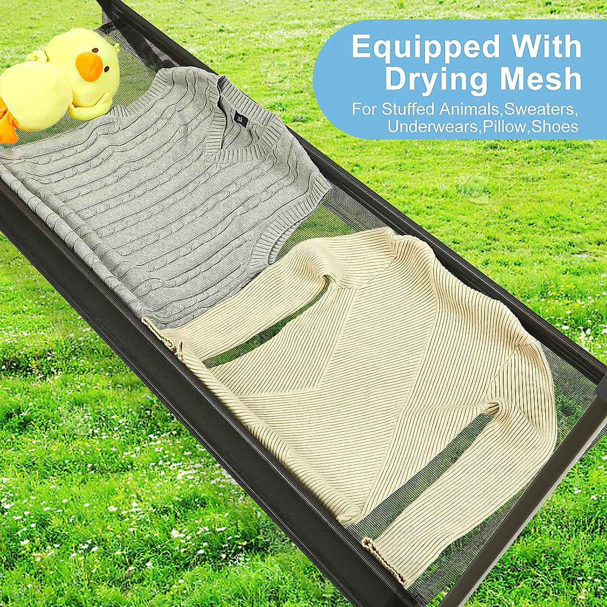 90 Inches Outdoor Clothes Drying Rack Foldable,Retractable Large Drying Rack Clothing,Heavy Duty Aluminum Laundry Drying Rack Collapsible with 42 Windproof Hooks and Drying Mesh for Outdoor Indoor