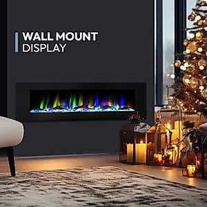Cambridge 72 Inch Wall Mount Electric Fireplace Heater with Remote Control, Multicolor Flames, and Driftwood Log Display for Indoor Use in Living Room, Bedroom, Home Office, Black