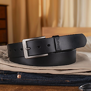 Buffway Leather Belt for Men - Durable Full Grain Men's Belt 1.5", Versatile for Daily Use, with Gift Box- 32” Black