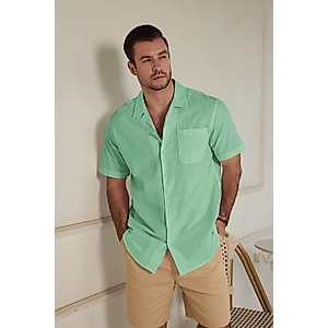 JEKAOYI Men's Button Down Cotton Linen Shirts Short Sleeve Cuban Collar Summer Casual Beach Shirts with Pocket Green