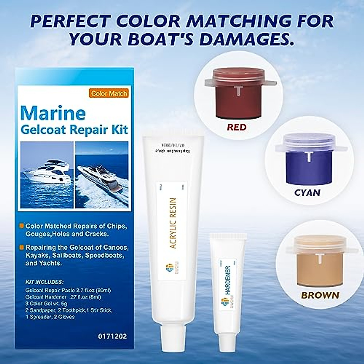 Gel Coat Repair Kit for Boats (Color Match), Fiberglass Boat Repair Kit,Marine Fiberglass Repair Kit,Premium Marine Gelcoat Epoxy Filler,Repair Chips Cracks Pits Holes for Gelcoat Porcelain Fiberglass