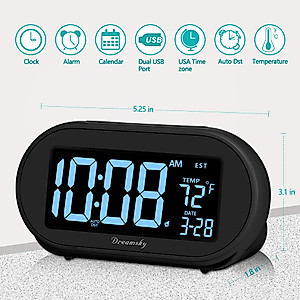 DreamSky Alarm Clocks for Bedrooms, Auto Set Digital Desk Clock for Bedside Nightstand, Electric Clock with Dimmable Brightness Dimmer, Auto DST, USB Port, Date, Temperature, Snooze