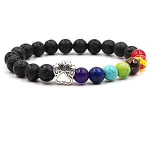 2Pcs 7 Chakra Lava Rock Dog Paw Beaded Bracelet Set for Women Men Natural Stone Tiger Eye Essential Oil Diffuser Stretchy Bracelet Yoga Meditation Jewelry Gift-A black white