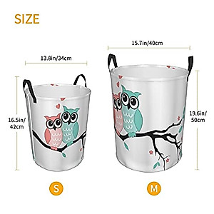 Laundry Basket,Owl Couple Sitting On Tree Branch Valentines Romance Love,Large Canvas Fabric Lightweight Storage Basket/Toy Organizer/Dirty Clothes Collapsible Waterproof For College Dorms-Large