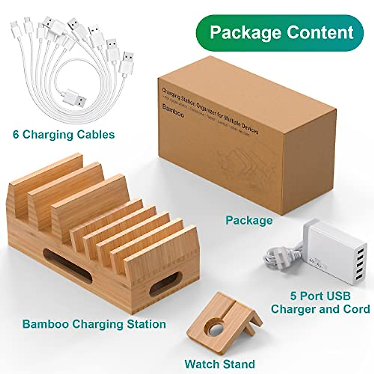 Pezin & Hulin Bamboo Charging Station Holder with 5 Port USB Charger, Watch Stand, 6 x Charge Cable, Wood Docking Stand Electronic Organizer for Multiple Devices, Phones, Tablets, Laptop and More