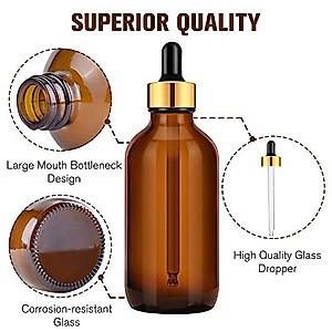 PrettyCare Eye Dropper Bottles 4 oz 4 Pack (Glass Bottles 120ml with Golden Caps, 12 Labels, Funnel & Measured Pipettes) Empty Tincture Bottles for Essential Oils (Amber)