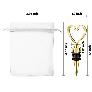 50 Pieces Heart Shape Wine Bottle Stopper Wedding Bridal Favor for Guests Stainless Steel Heart Wine Stopper with 100 Pieces White Sheer Organza Bags Wedding Favor Wine Fresh Holiday Party