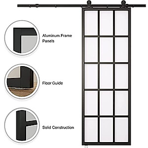 BARNSMITH 30in x 84in Frosted Glass Barn Door with 6FT Top Mounted Hardware kit Include Soft Close Mechanism DIY 15 Lites Modern Aluminum Frame Glass Sliding Barn Door Disassembled Easy Installation