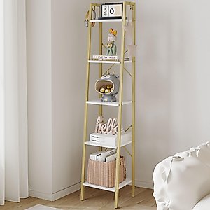 Hzuaneri Ladder Shelf, Bookshelf Bookcase, Freestanding Corner Storage Shelve with 2 Hooks for Home Office, Living Room, Kitchen, Bedroom, Industrial, 5-Tier White Gold BC03213G