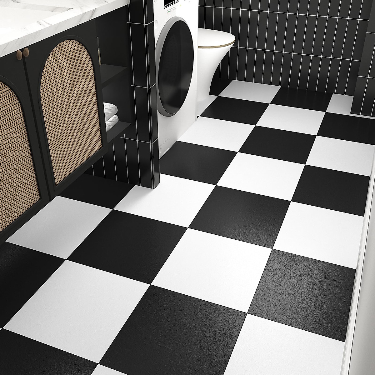 Pure Black Floor Tiles Peel and Stick Vinyl Flooring for Bathroom Kitchen 5PCS Self Adhesive Vinyl Flooring Tile Waterproof Stick and Peel Garage Floor Tiles Stick on Tiles 12''x12'' Floor Stickers