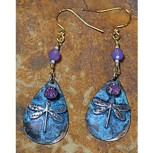 Elaine Coyne Patina Wearable Art Dragonfly Teardrop Dangle Earrings - Violette Opal Authentic Crystals
