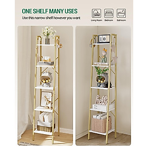 Hzuaneri Ladder Shelf, Bookshelf Bookcase, Freestanding Corner Storage Shelve with 2 Hooks for Home Office, Living Room, Kitchen, Bedroom, Industrial, 5-Tier White Gold BC03213G