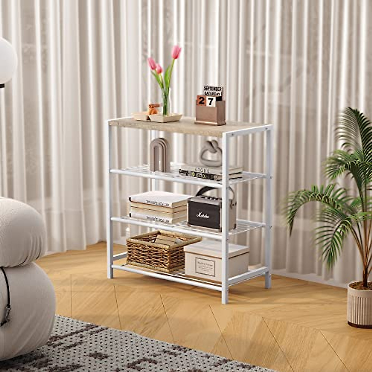 COZYFUN Industrial Shoe Rack 4-Tier Metal Shoe Storage Organizer, Shoe Storage Shelves with Stable Metal Frame, Small Shoe Organizer Shelf for Hallway, Closet, Entryway, Living Room (White)