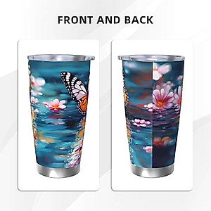 AYCZN Butterfly Flower Water 20 OZ Tumbler Stainless Steel Travel Coffee Mug, Spring Floral Insulated Water Bottle with Lid and 2 StrawsLeakproof Thermal Cup
