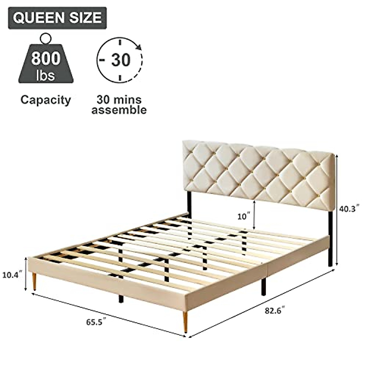 AsKmore Queen Size Bed Frame,Velvet Upholstered Platform with Headboard and Strong Wooden Slats,Non-Slip and Noise-Free,No Box Spring Needed, Easy Assembly,Beige