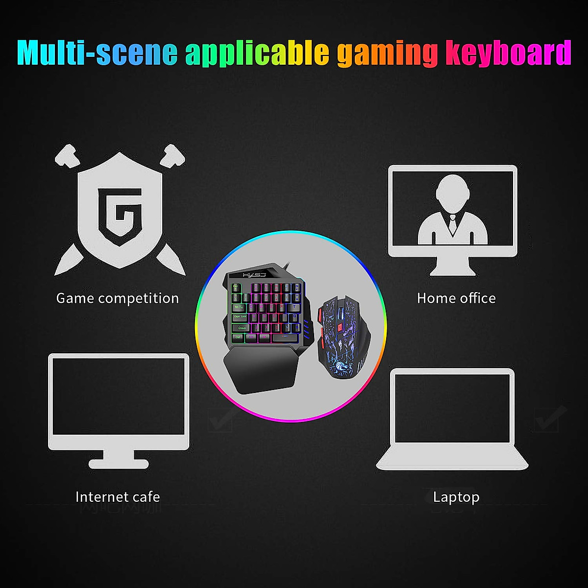 MoModer One Hand Gaming Keyboard and Mouse Combo, 35 Keys Wired Mechanical Feel Rainbow Backlit Gaming Keyboard with Gaming Mouse for PC PS4 Xbox Gamer
