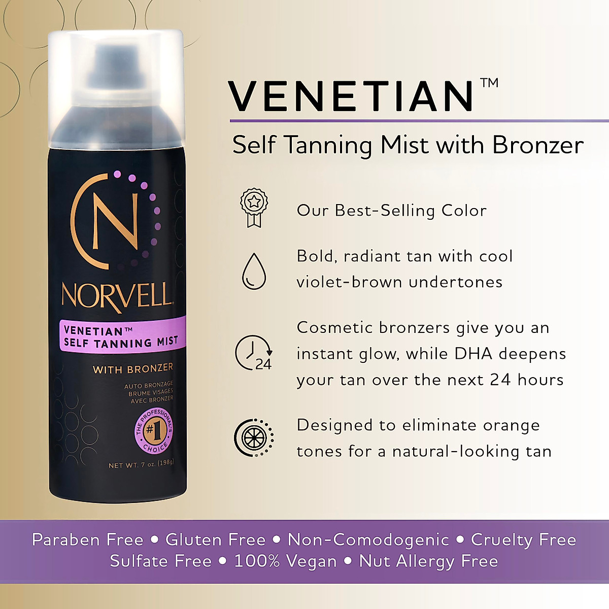 Norvell Venetian Sunless Self Tanning Mist - Airbrush Spray Solution with Bronzer for Instant Sun Kissed Glow, 7 fl.oz.