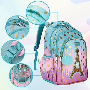 SARHLIO Kids Backpack 16" for Girls with Pencil Case Ball Pendant Cute Bookbag Lightweight Durable Water Resistant School Backpack Set for Elementary School Outdoor Travel Sequin Tower(BPK36C)