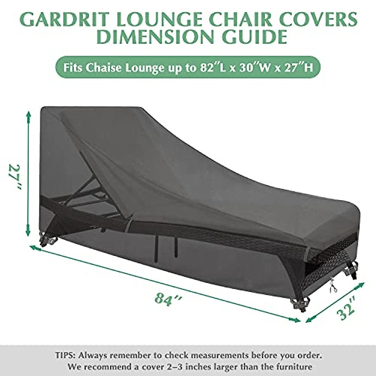 GARDRIT Patio Chaise Lounge Cover Waterproof Heavy Duty Outdoor Lounge Chair Covers, 600D All Weather Protection Patio Furniture Covers, 84L x 32W x 27H inch - 2 Pack