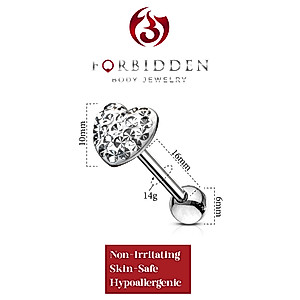 Forbidden Body Jewelry 14G 16mm (5/8 Inch) Surgical Steel Pave Crystalline Clear Epoxy Heart Top Tongue Ring