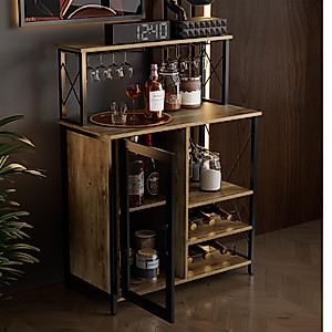 SunsGrove Wine Bar Cabinet with Removable Wine Rack, Coffee Bar Cabinet with Glass Holder, 3 Adjustable Open Shelves, Small Sideboard and Buffet Cabinet with Mesh Door, Wood Color