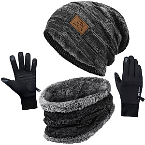 Mens 3 Pieces Winter Warm Beanie Hat Scarf and Touchscreen Gloves Set,Knit Cap Neck Warmer with Fleece Lined (Beanie+Scarf+Gloves(Black))