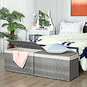 SONGMICS Storage Basket with Lid, Rattan-Style Storage Trunk with Cotton Liner and Handles, for Bedroom Closet Laundry Room, 29.9 x 17.1 x 18.1 Inches, Gray URST76WG