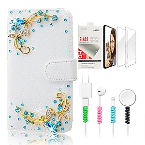 STENES Bling Wallet Phone Case Compatible with Samsung Galaxy S23 - Stylish - 3D Handmade Pretty Butterfly Design Leather Cover with Screen Protector & Cable Protector - Blue