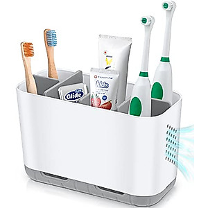 Boperzi Toothbrush and Toothpaste Holder Drainage for Bathroom Countertop with Adjustable Dividers, Large Toothpaste Caddy Organizer Storage Rustic Anti-Slip for Shower, Kitchen, Family, Kids Gray