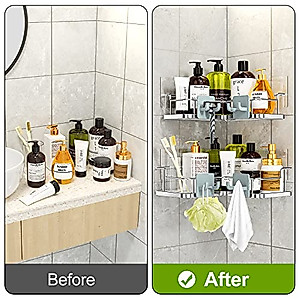 Thideewiz 2 Pack Corner Shower Caddy, Stainless Steel Wall Mounted Bathtub Shelves with 4 Plastic Hooks and 6 Adhesives, No-drilling Adhesive Bathroom Organizer Only for 90 Degrees Right Angle