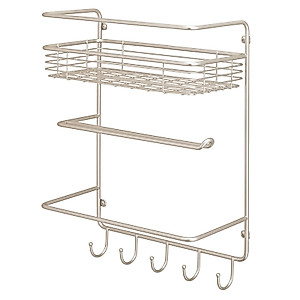 mDesign Metal Wall Mount Paper Towel Holder with Storage Shelf and Hooks for Kitchen, Pantry, Laundry, Garage Organization - Holds Spices, Seasonings, Pot Holders, Cookware - Satin