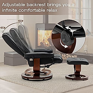 AVAWING Recliner Chair with Ottoman Adjustable Swivel Chair with Footrest 360° Swivel PU Leather Reclining Chair with Footrest for Living Room Recliner and Ottoman with Wood Base, Black