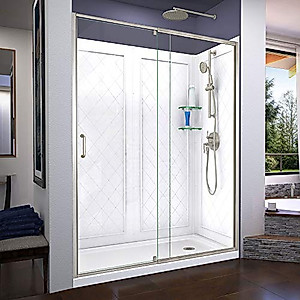 DreamLine Flex 34 in. D x 60 in. W x 76 3/4 in. H Semi-Frameless Shower Door in Brushed Nickel with Right Drain Base and Backwalls, DL-6229R-04